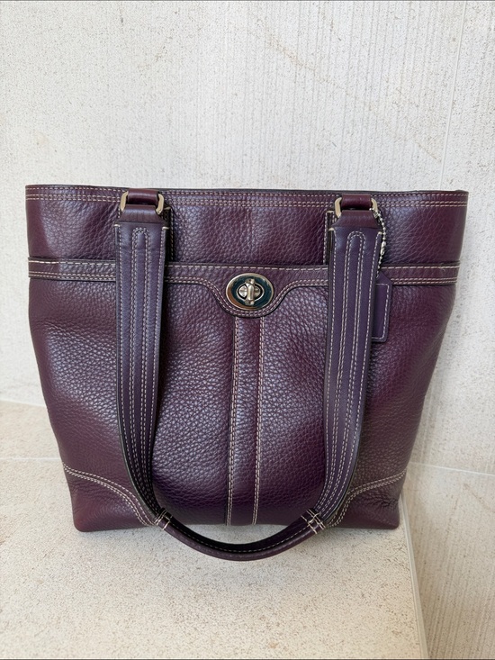 Coach | Bags | Coach Pebble Leather Tote In Deep Plum Silver Tone ...